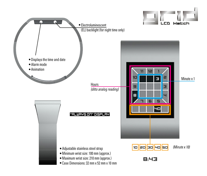 Grid LCD watch merges 12-5-9 & Analogue with style. | Tokyoflash Japan