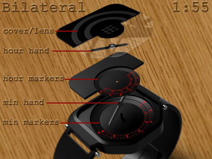 Bilateral shows time in four concentric half rings | Tokyoflash Japan